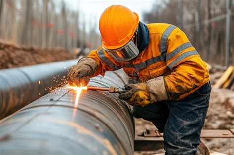 A Worker With Safety Tool Welding Pipeline For Infrastructure
