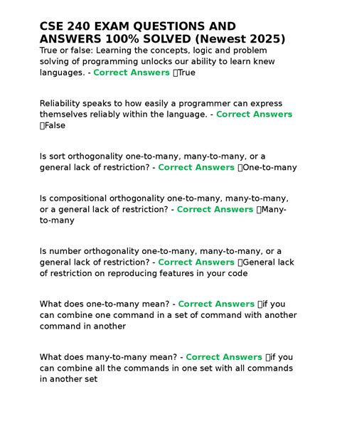 Cse 240 Exam Questions And Answers Programming Language Concepts And