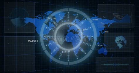 Round Scanner Over Digital Interface With Data Processing Over World Map On Black Background