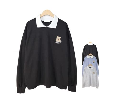 3컬러 생각테디카라맨투맨 카라티셔츠 카라긴팔 여성카라티 여자카라티 중고등학생 테디베어 곰돌이티셔츠 곰돌이맨투맨 학생카라티 여성카라긴팔티 여자카라긴팔티 데일리 귀여운 긴팔