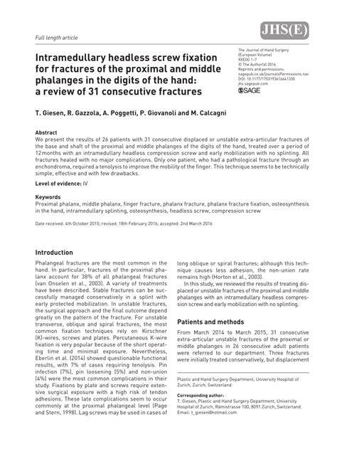 Pdf Intramedullary Headless Screw Fixation For Fractures Of The Proximal And Middle Phalanges