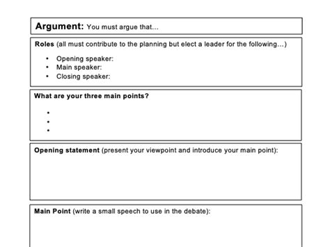 Debate Planning Sheet Ks345 Teaching Resources