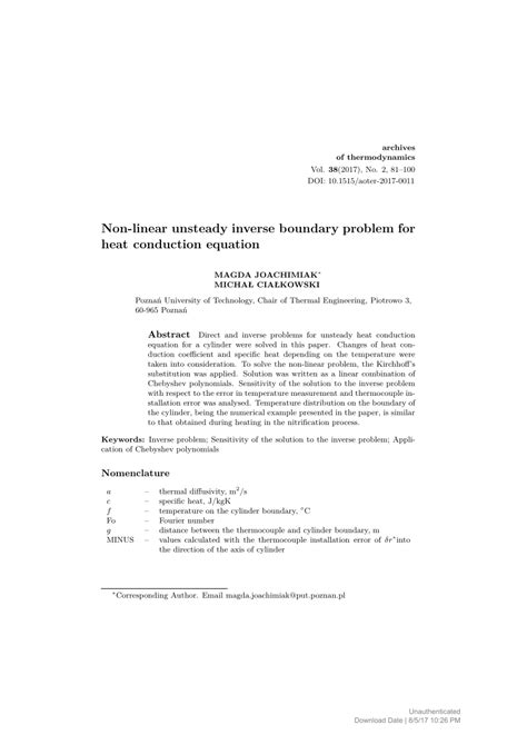 Pdf Non Linear Unsteady Inverse Boundary Problem For Heat Conduction Equation