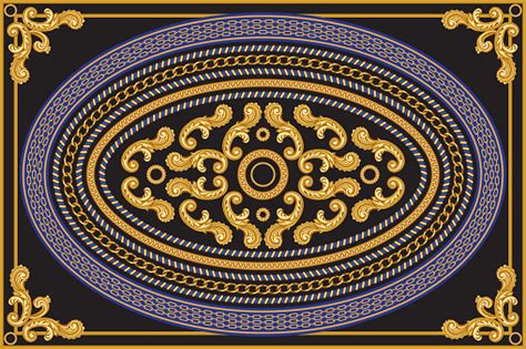 어두운 파란색과 검은 색 배경에 벡터 카펫 인쇄 골드 체인 바로크 판타지 스크롤 아칸투스 잎에서 유행 패턴 스카프 숄 목걸이