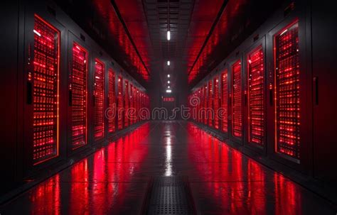 Modern Data Center With Rows Of Server Racks Illuminated By Red Led
