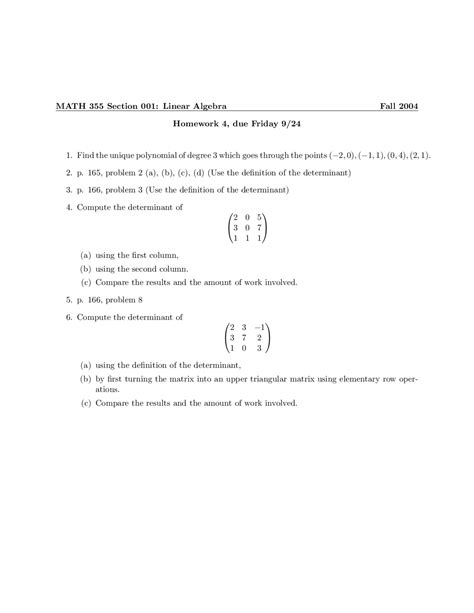 6 Questions In Homework 4 Linear Algebra Math 355 Docsity