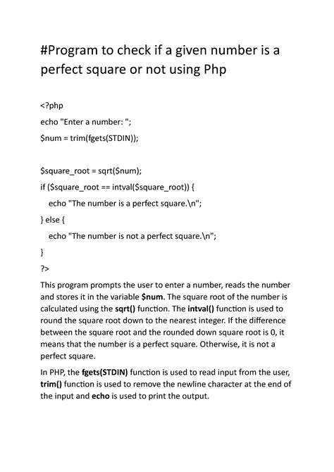 Number Is A Perfect Square Or Not Using Php Program To Check If A Given Number Is A Perfect