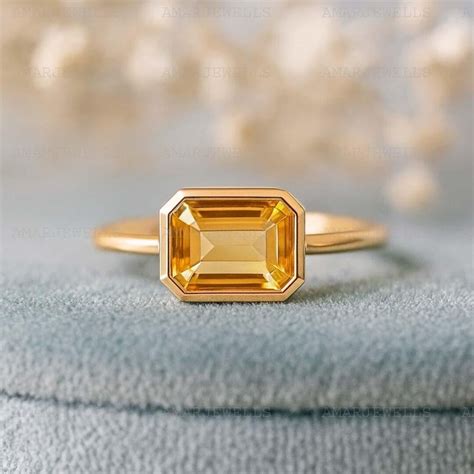 Emerald Cut Lab Grown Citrine Ring Solitaire Bezel Set Ring East West
