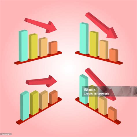 빨간색 화살표가 아래쪽으로 내려가는 3d 아이콘 감소 또는 감소 막대 차트 그래프 집합 3차원 형태에 대한 스톡 벡터 아트 및