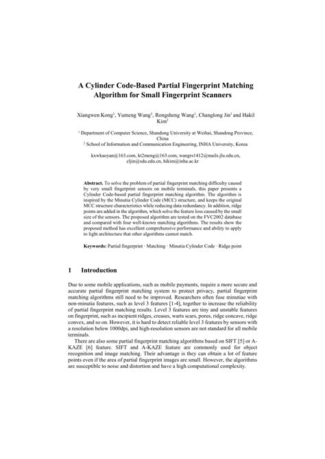 Pdf A Cylinder Code Based Partial Fingerprint Matching Algorithm For
