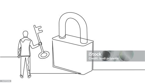 자물쇠가있는 열쇠를 들고 다니는 사업가의 연속 한 줄 그리기 자물쇠 및 자물쇠 아이콘 낙서 스타일로 성공 솔루션 및 기회의