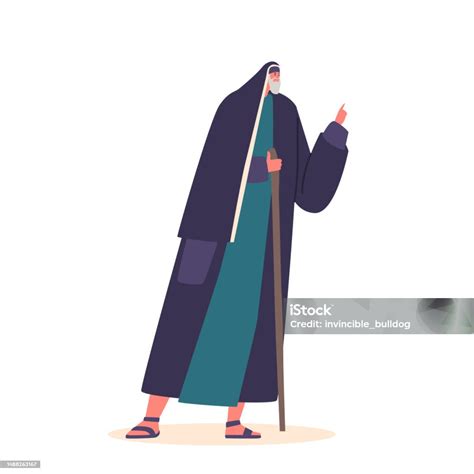 고대 이스라엘 남자가 긴 지팡이를 들고 우뚝 서 있다 남성 캐릭터는 전통 의상과 머리 덮개를 착용한다 Israelite에 대한 스톡 벡터 아트 및 기타 이미지 Istock