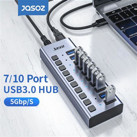 Jasoz 7 Ports USB 3 0 Data Hub With Independent Switch USB HUB 10 Port Power Adapter 5Gbp For