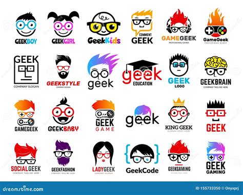 Geek Logo Business Badges Symbols Of Gamers Nerd Smart Characters Easy Learning Face With