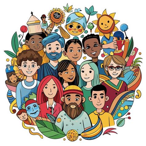 Diverse Group Of Cartoon People With Flowers Leaves And Sun Premium
