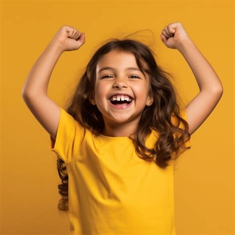 Premium Ai Image Happy Girl Yellow Background Success Generative Ai