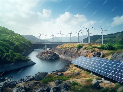 Premium Photo Landscape With Solar Panels Wind Turbines A Hydropower Dam And A Nuclear Power Plant