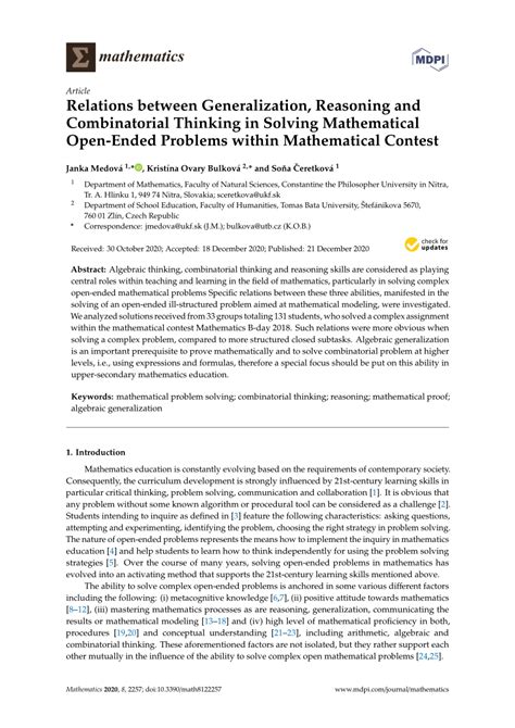 Pdf Relations Between Generalization Reasoning And Combinatorial Thinking In Solving