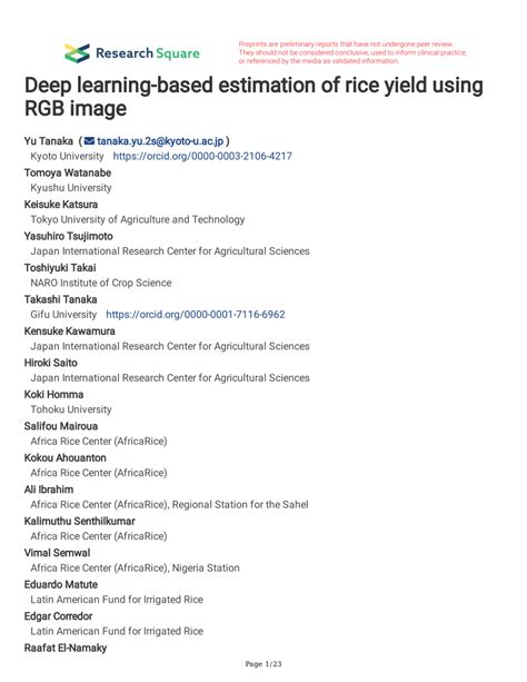 Pdf Deep Learning Based Estimation Of Rice Yield Using Rgb Image
