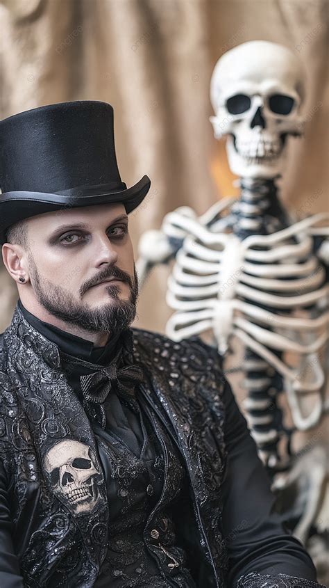 검은 양복과 모자를 쓴 남자가 해골 앞에 앉아 있다 배경 배경 화면 및 일러스트 무료 다운로드 Pngtree