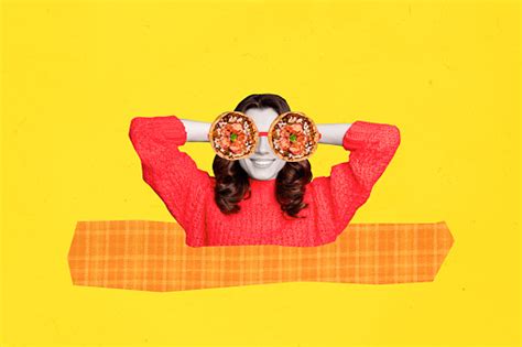 트렌드 복합 스케치 템플릿 3d 사진 콜라주 젊은 여자 눈먼 편하게 하다 손 잡기 머리 눈이없는 꿈 패스트 푸드 피자 요리 배