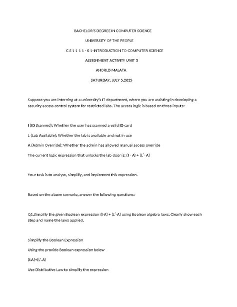 C S 1110 Unit 3 Assignment Boolean Expression Simplification Studocu