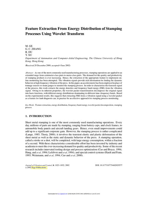2002 Ge Feature Extracting From Energy Distribution Of Stamping Processes Using Wavelet