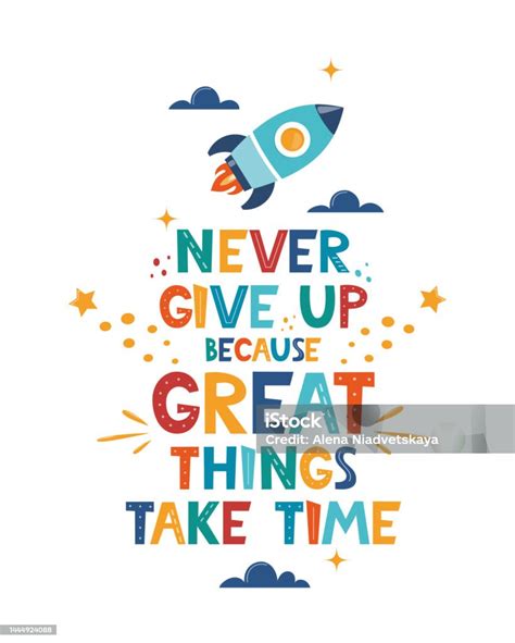 로켓과 레터링이 있는 귀여운 만화 프린트 위대한 일을 절대 포기하지 마세요 시간이 걸립니다 아이들의 패션 직물 섬유 그래픽 인쇄물을위한 귀여운 디자인 아이들을 위한 모티바톤