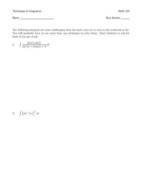 Techniques Of Integration Calculus Analytic Geometry Ii Math 125 Assignments Analytical