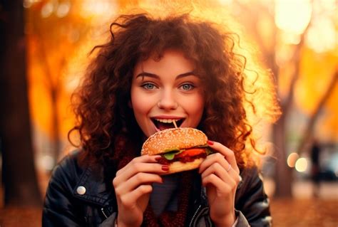 Uma Linda Mulher Comendo Hambúrguer Foto Premium