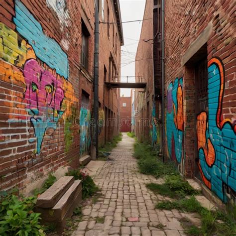 Vibrant Alleyway Art District With Colorful Murals And Street Art Stock