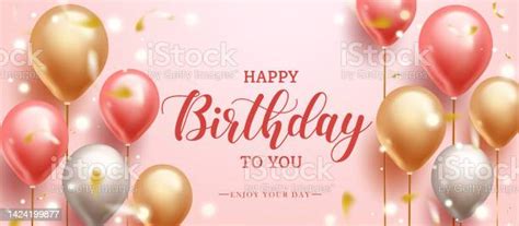 생일 인사말 벡터 배경 디자인 우아한 탄생일 축하를 위해 핑크색 배경의 로즈 골드 풍선 색종이 및 보케 조명이있는 생일 축하 텍스트 벡터 일러스트레이션 3차원 형태에 대한