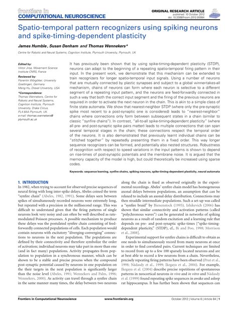 pdf spatio temporal pattern recognizers using spiking neurons and
