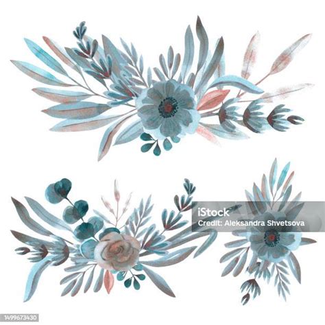 손으로 그린 수채화 회색 파란색 구리 꽃과 나뭇잎 구성 흰색으로 격리되어 있습니다 카드 패턴 초대장 라벨에 사용할 수 있습니다