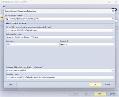 how to link a sql server database to a tfvc repository