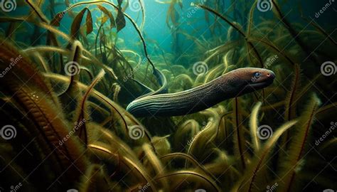 Electric Eel Navigating Through Dense Aquatic Vegetation Stock
