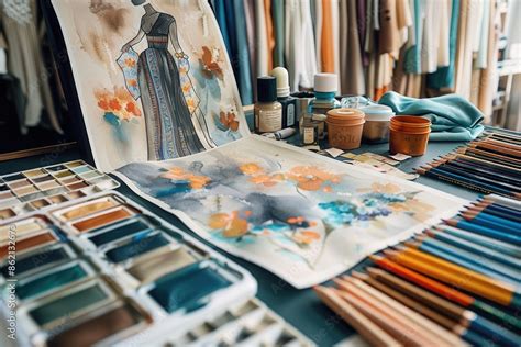 A Detailed Fashion Design Sketch Surrounded By An Array Of Materials
