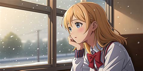 사려 깊은 표현으로 밖을 바라 보는 창문으로 앉아 앉아있는 어린 소녀의 진심이고 감정적 애니메이션 스타일 장면 애니메이션 소녀