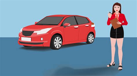 유쾌한 젊은 자동차 세일즈맨이 서류를 들고 서서 자동차 열쇠를 보여주고 있었다 중고차 판매에 대한 스톡 벡터 아트 및 기타 이미지 중고차 판매 개념 개념과 주제