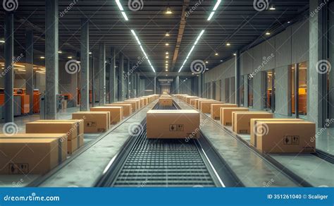 Boxes Move On Conveyor Belt In Logistics Warehouse Efficient Fulfillment Process Organized
