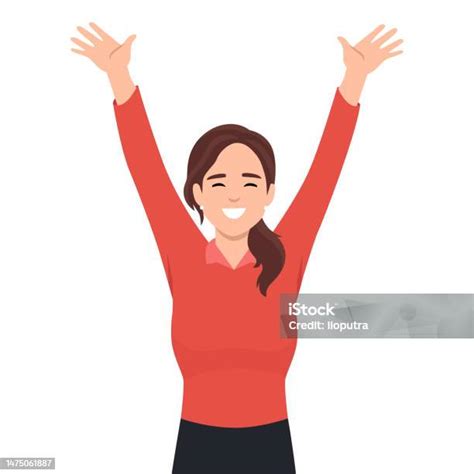 긍정적인 감정을 표현하는 행복하고 자신감 있는 여성의 승리 제스처 주먹을 들고 힘을 보여주는 성공적인 미소 짓는 여성 캐릭터
