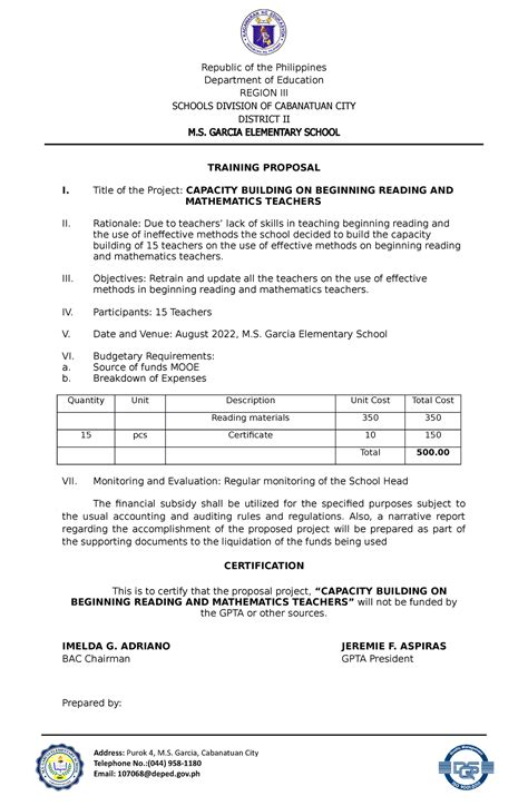 Project Proposal Capacity Building On Beginning Reading Republic Of
