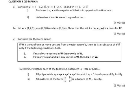 solved question 3 15 marks a consider u 1 2 3 v