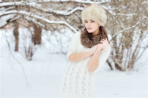 Young Sensual Girl In Winter Beautiful Brunette Posing Outdoor Stock