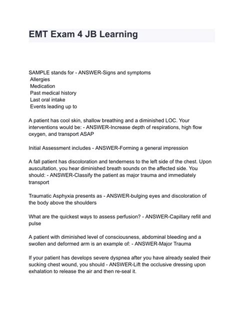 EMT Exam JB Learning Questions And Answers EMT Exm JB Learning Stuvia US