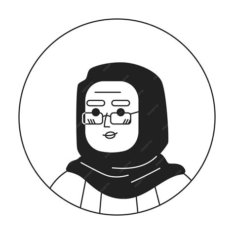 Hijab 흑백 평면 선형 문자 머리에 수석 아라비아 여자 안경 편집 가능한 개요 손으로 그린 인간의 얼굴 아이콘 애니메이션에