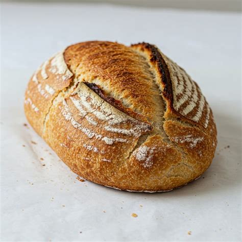 A Freshly Baked Rustic Loaf Of Sourdough Bread Rests On A White