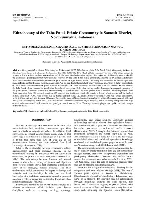 Pdf Ethnobotany Of The Toba Batak Ethnic Community In Samosir