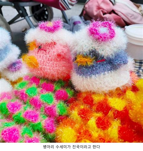 뜨개질로 뜬 너구리 병아리 모양 수세미