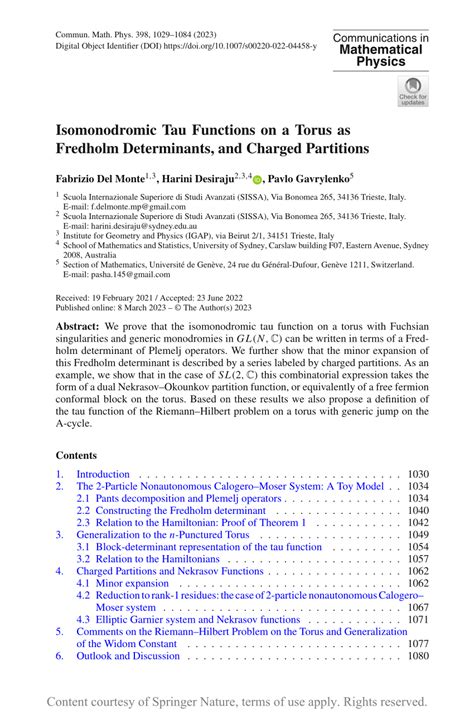 Pdf Isomonodromic Tau Functions On A Torus As Fredholm Determinants